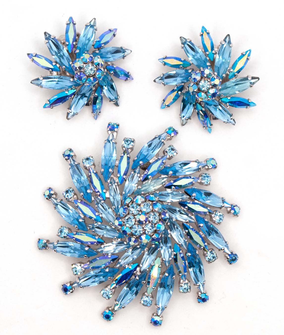 Sherman Blue Crystal Brooch and Earring Set with Branded Silk Lining ...